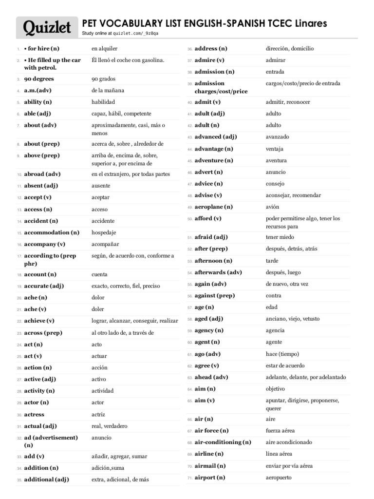 Pet Vocabulary List English-Sp | PDF | Ocio