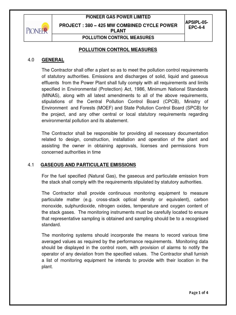 Pollution Control Measures for a 380-425 MW Combined Cycle Power Plant ...