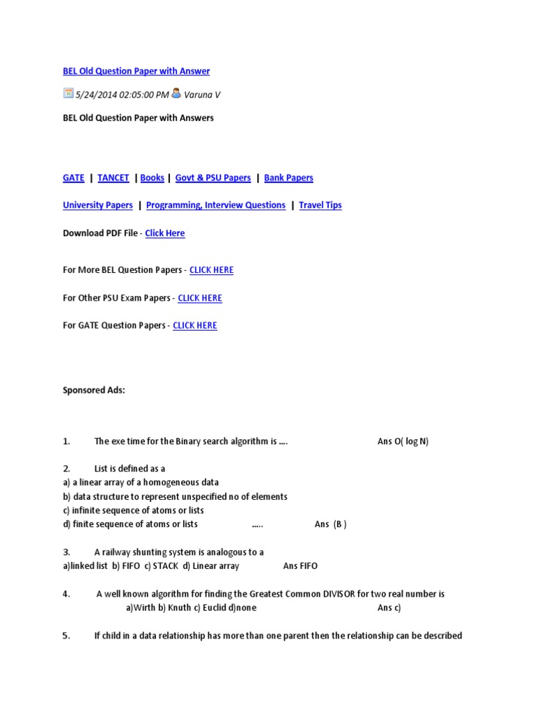 5/24/2014 02:05:00 PM Varuna V: BEL Old Question Paper With Answers ...
