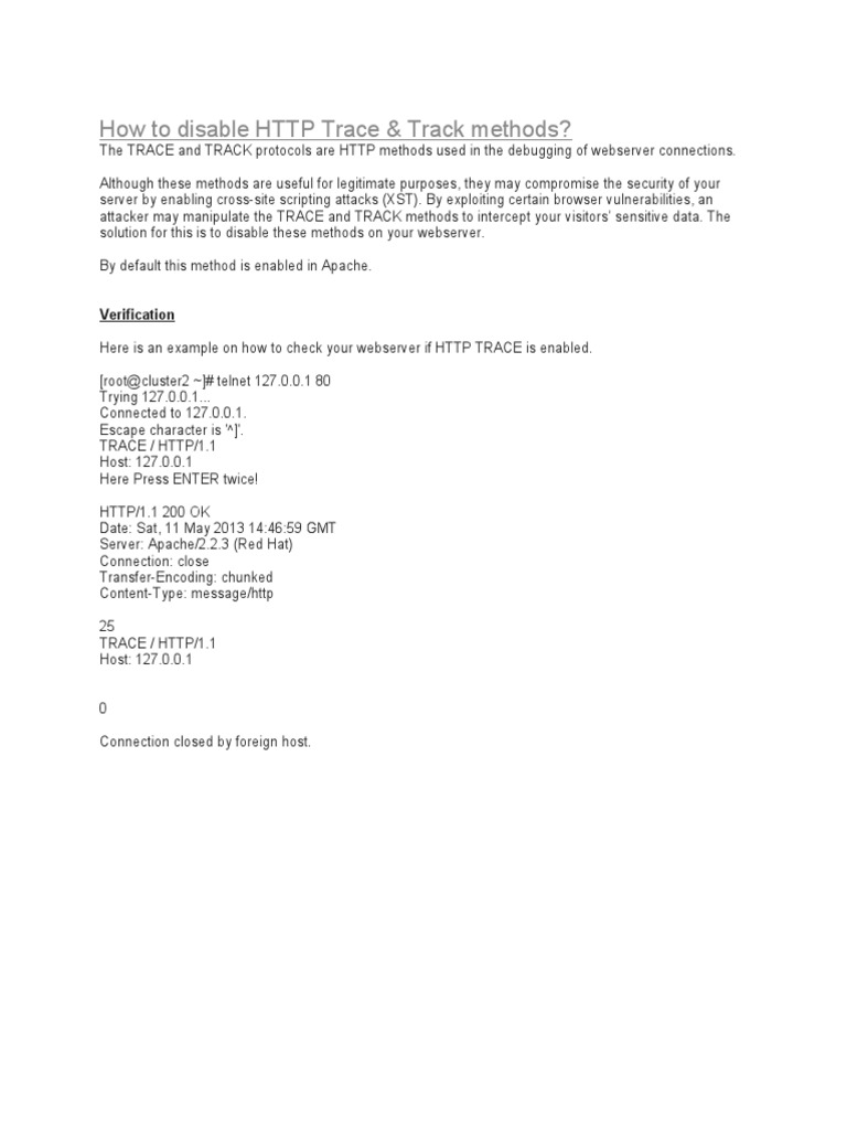 Disabling HTTP TRACE and TRACK Methods to Enhance Server Security | PDF ... Disabling HTTP TRACE and TRACK Methods to Enhance Server Security | PDF ...