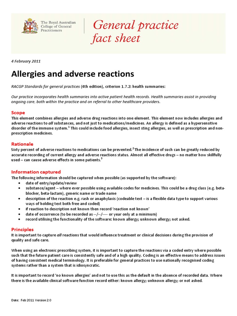 Fact Sheet Allergies and Adverse Reactions | PDF | Allergy | Adverse Effect