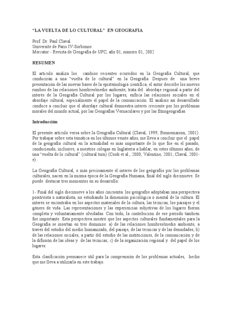 Paul Claval, La Vuelta de Lo Cultural en Geografía. | PDF | Geografía ...
