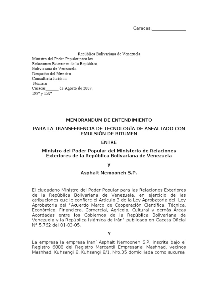 Memorandum de Entendimiento | PDF | Venezuela | Hugo Chavez