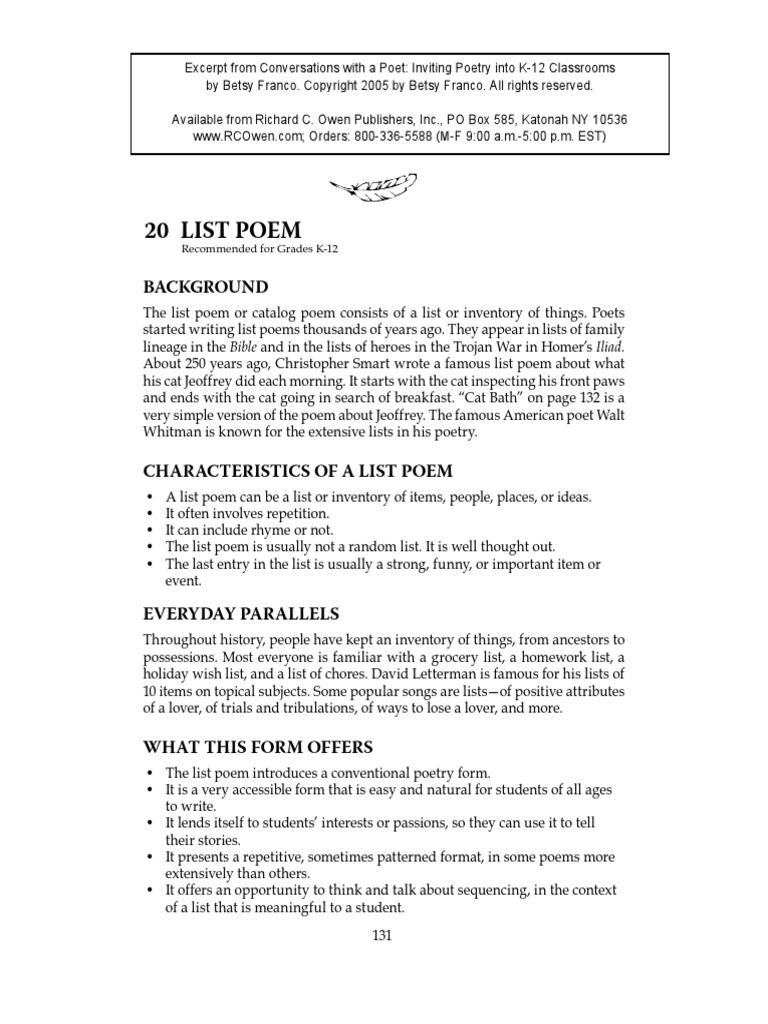 20 List Poem: Background | PDF | Poetry | Books