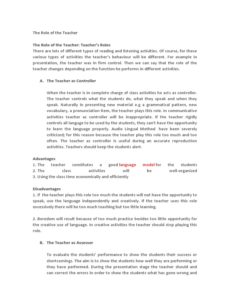 The Role of The Teacher | PDF | Pedagogy | Linguistics