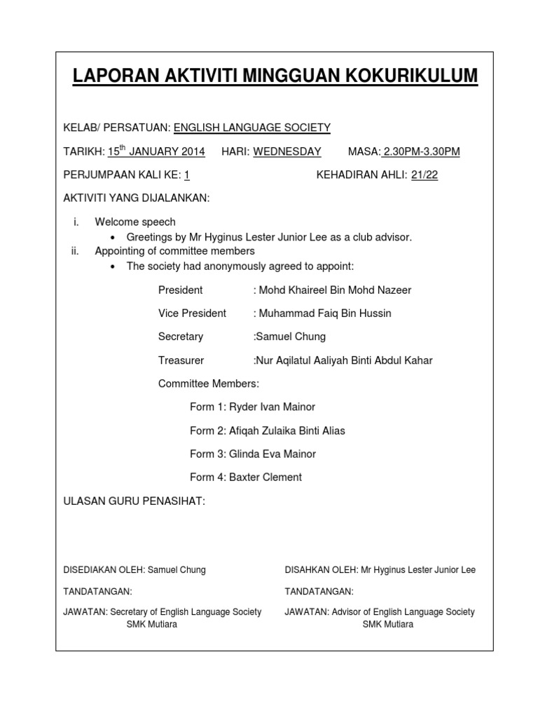 Contoh Laporan Kokurikulum Mingguan - JamiyaatWinters