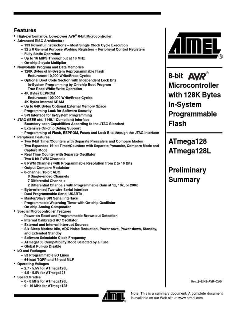 8 Bit Microcontroller With 128k Bytes In System Programmable Flash Atmega128 Atmega128l 