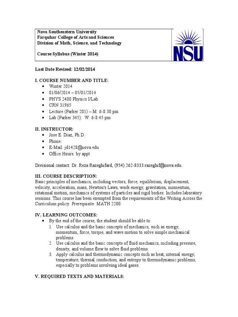 Physics I: An In-Depth Look at the Syllabus, Course Requirements, and ...