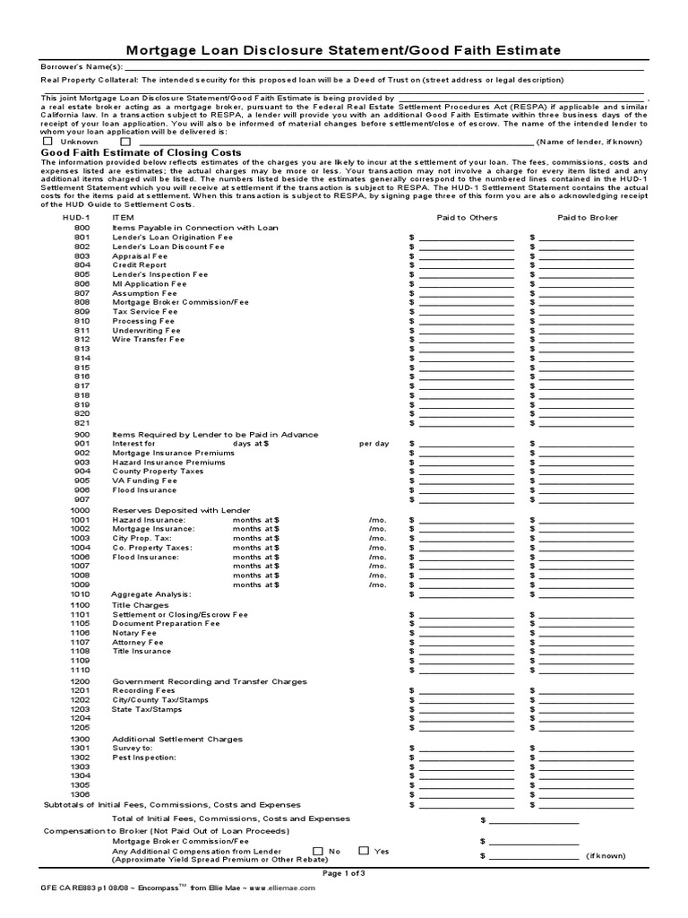 Mortgage Loan Disclosure Statement - GFE | PDF | Refinancing | Loans