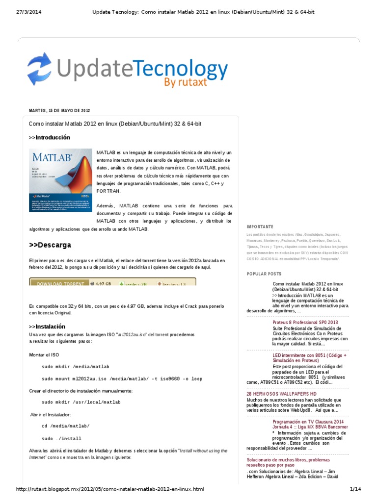 Update Tecnology - Como Instalar Matlab 2012 en Linux (Debian - Ubuntu - Mint) 32 & 64-Bit | PDF ...