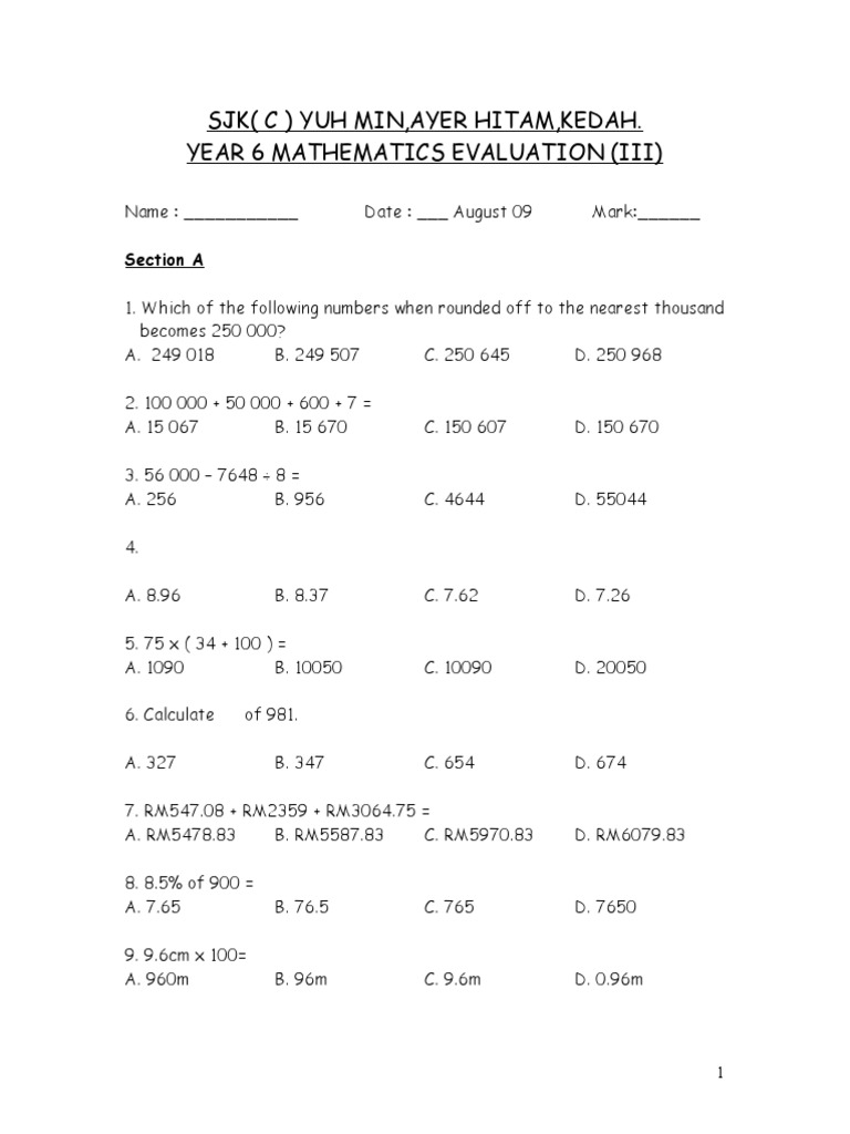 Year 6 Mathematics Exam Paper | PDF