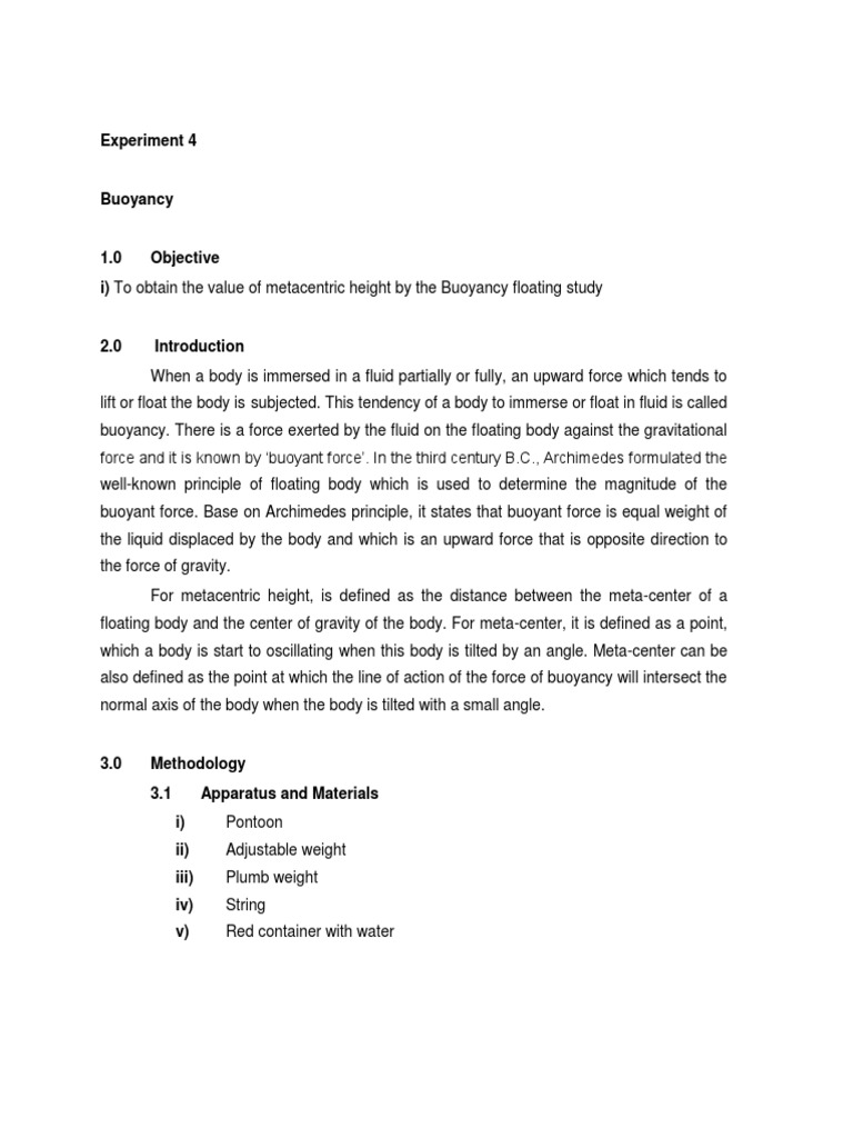 Buoyancy Experiment: Metacentric Height Analysis | PDF | Buoyancy ...