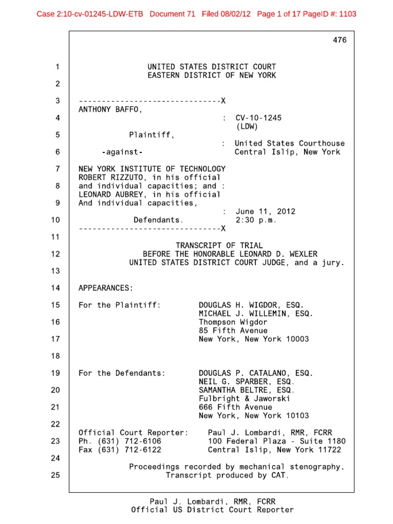 Baffo V NYIT - Transcript June 11 and 12 2012 | PDF | Deposition (Law ...