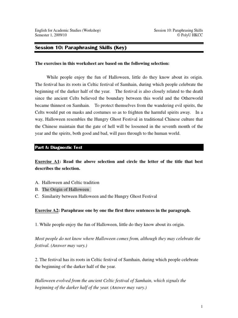 Workshop Session 10 Paraphrasing Skills Key | PDF