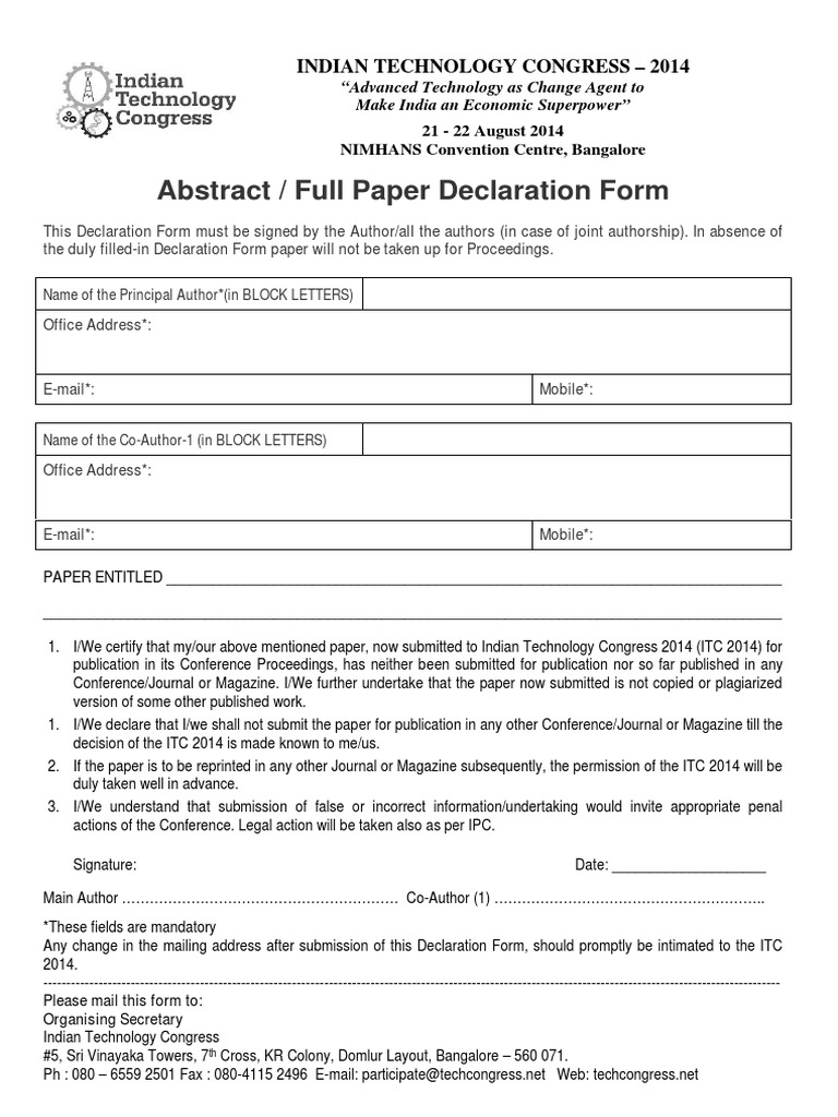Full Paper Declaration Form - ITC 2014 | PDF
