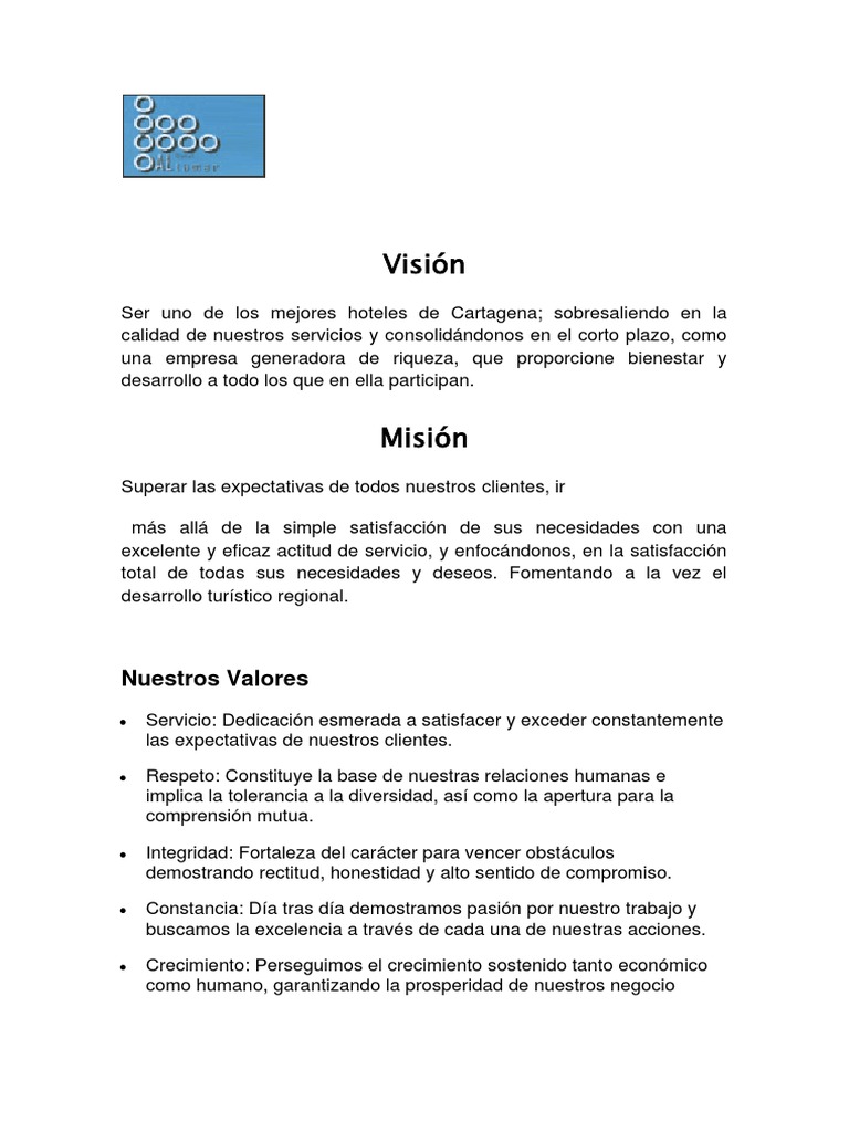 Misión, Visión y Valores del Hotel | PDF | Derecho