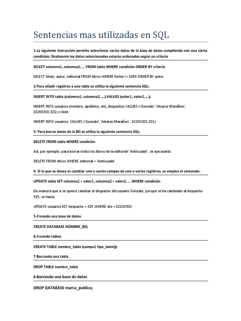 Sentencias Mas Utilizadas en SQL | PDF