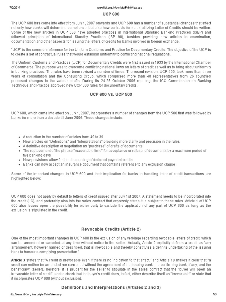 UCP 600: Key Changes and Implications | PDF | Letter Of Credit | Common Law