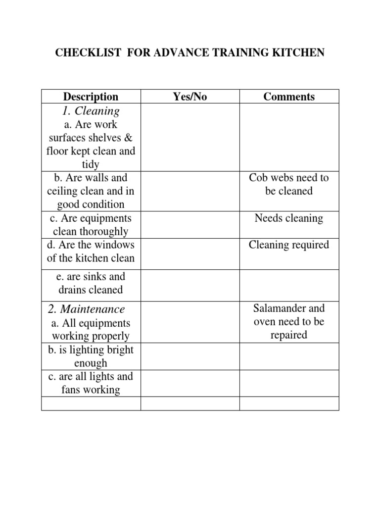 Checklist For Advance Training Kitchen | PDF