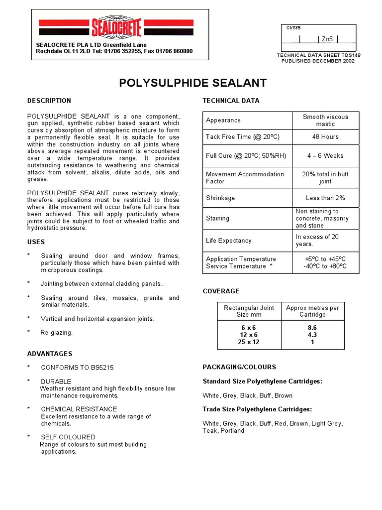 Polysulphide Sealant Technical Data Sheet | PDF