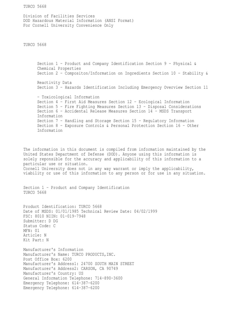 Turco 5668 Msds | PDF | Chemistry | Materials