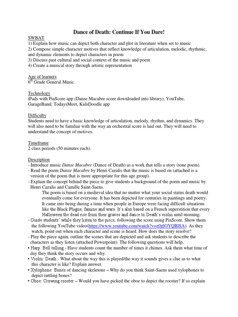Dance of Death Lesson Plan Danse Macabre | PDF | Musical Instruments ...