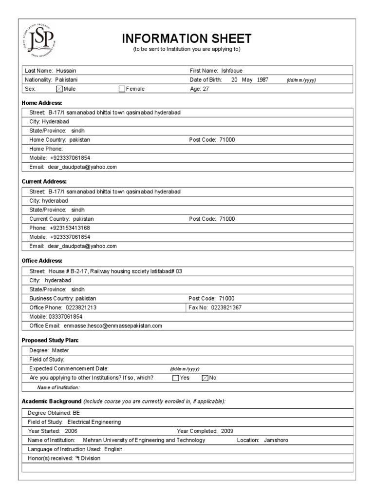 JSP Information Sheetfilled | PDF | Career & Growth | Foreign Language ...