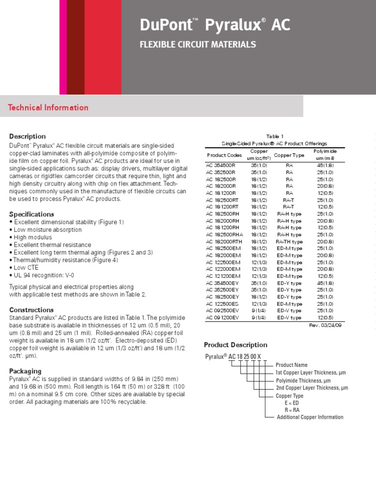 Flex PCB - Pyralux Datasheet | PDF | Printed Circuit Board | Materials