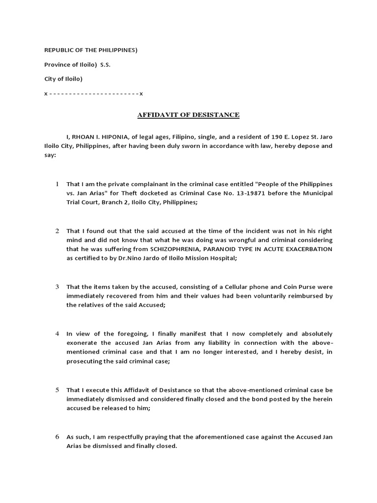 Affidavit of Desistance | PDF | Affidavit | Philippines