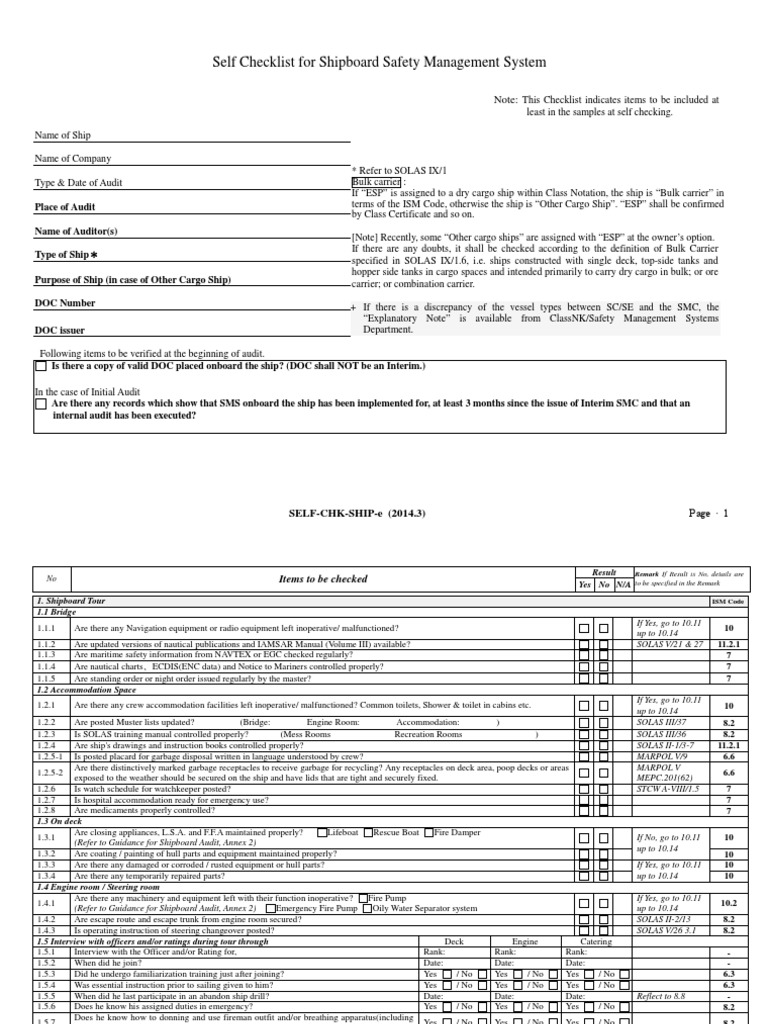 Self CHK Ship e Audit Ism Checklist | PDF | Audit | Oil Tanker