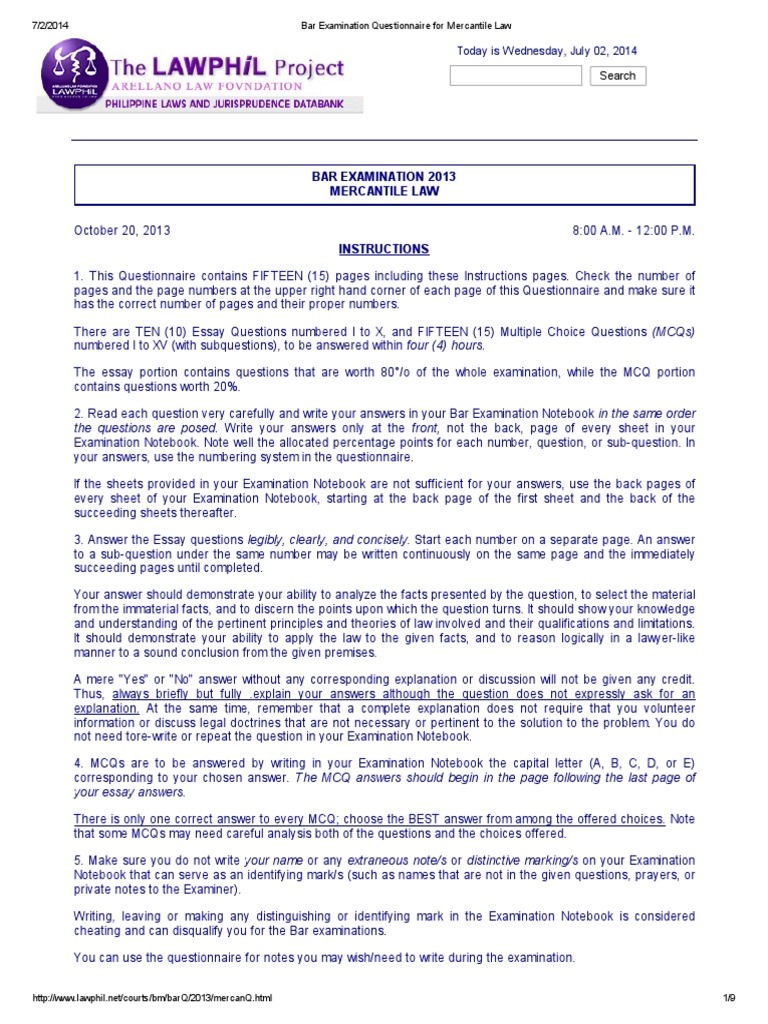 Bar Examination Questionnaire For Mercantile Law | PDF | Multiple ...