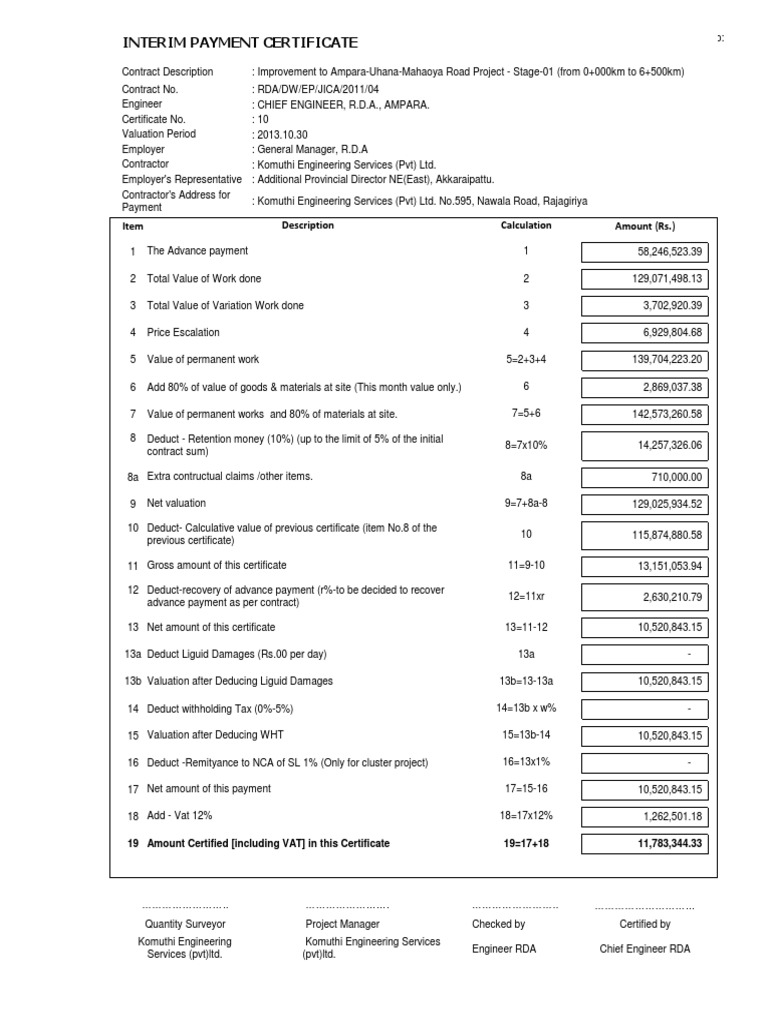 Interim Payment Certificate No. 10: Komuthi Engineering Services (Pvt) Ltd. - Improvement to ...
