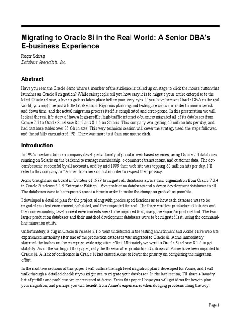 Migrating To Oracle 8i in The Real World: A Senior DBA's E-Business Experience | PDF | Oracle ...