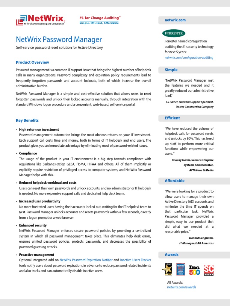 NetWrix Password Manager Datasheet | PDF | Password | Group Policy