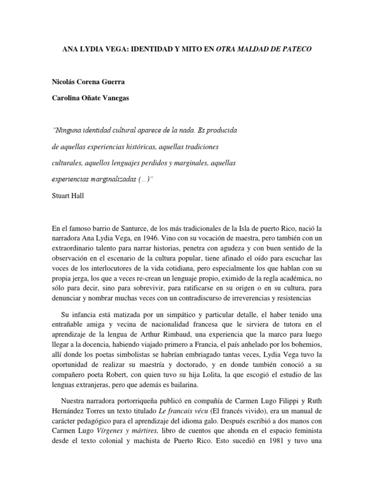 Ana Lydia Vega Identidad y Mito en Otra Maldad de Pateco | PDF ...