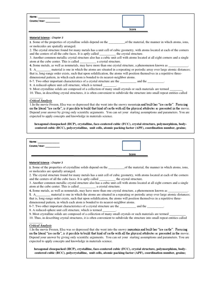 Worksheet 2 | PDF | Crystal Structure | Crystal