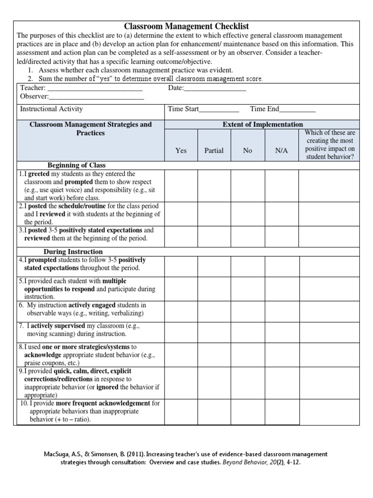 Classroom Management Checklist | PDF | Classroom Management | Education ...