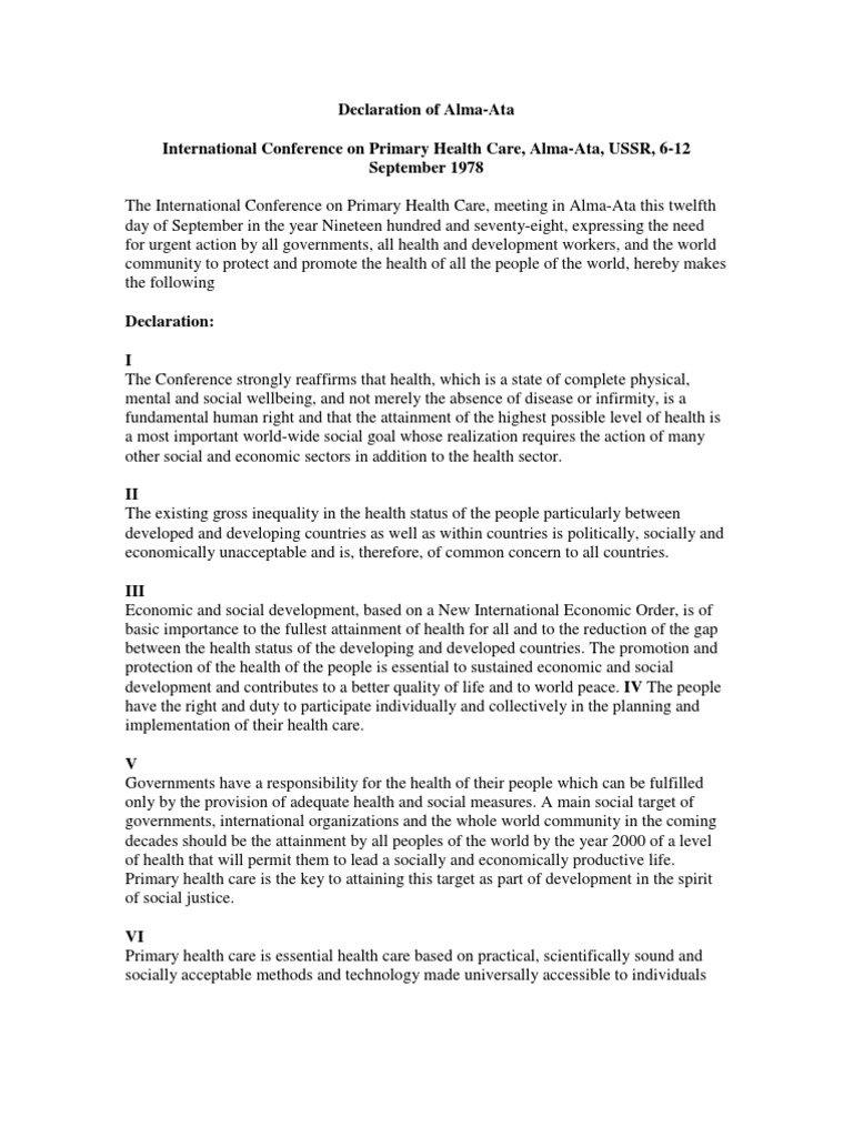 Alma-Ata Declaration 1978 | Health Care | Public Health