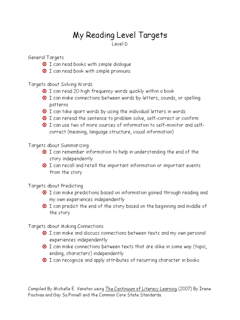 Level D Reading Skills and Targets | PDF | Word | Human Communication