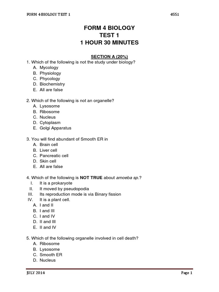 Form 4 Biology Test 1 | PDF | Cell Membrane | Endoplasmic Reticulum