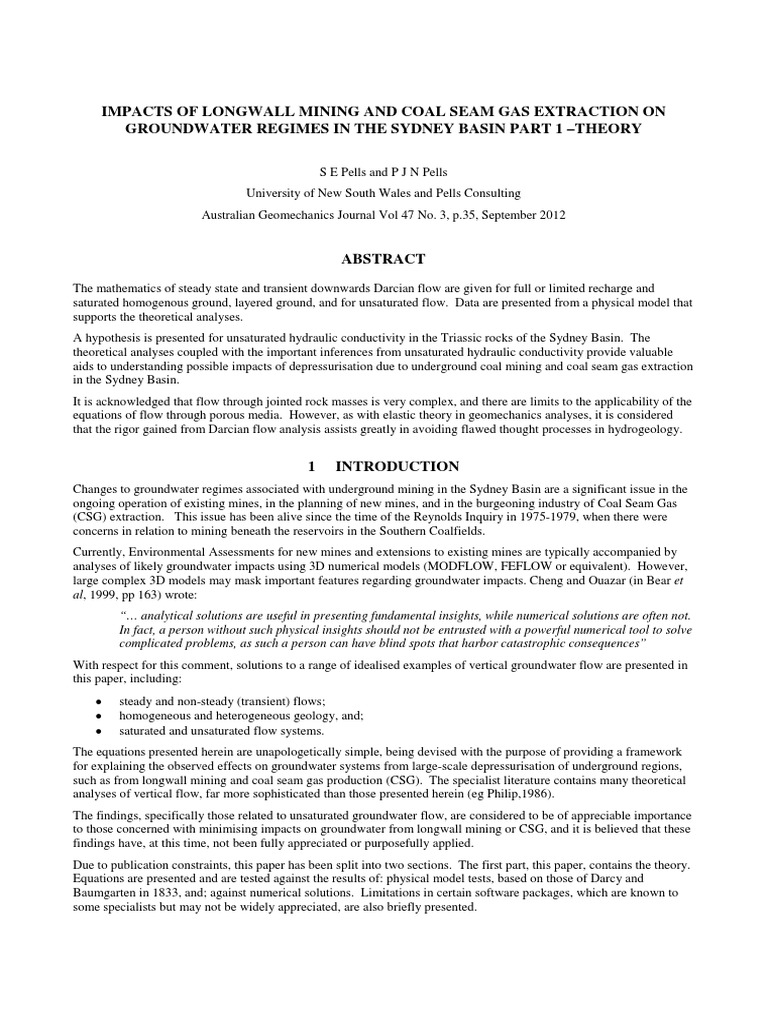 Impacts of Longwall Mining and Coal Seam Gas Extraction On Groundwater Regimes in The Sydney ...