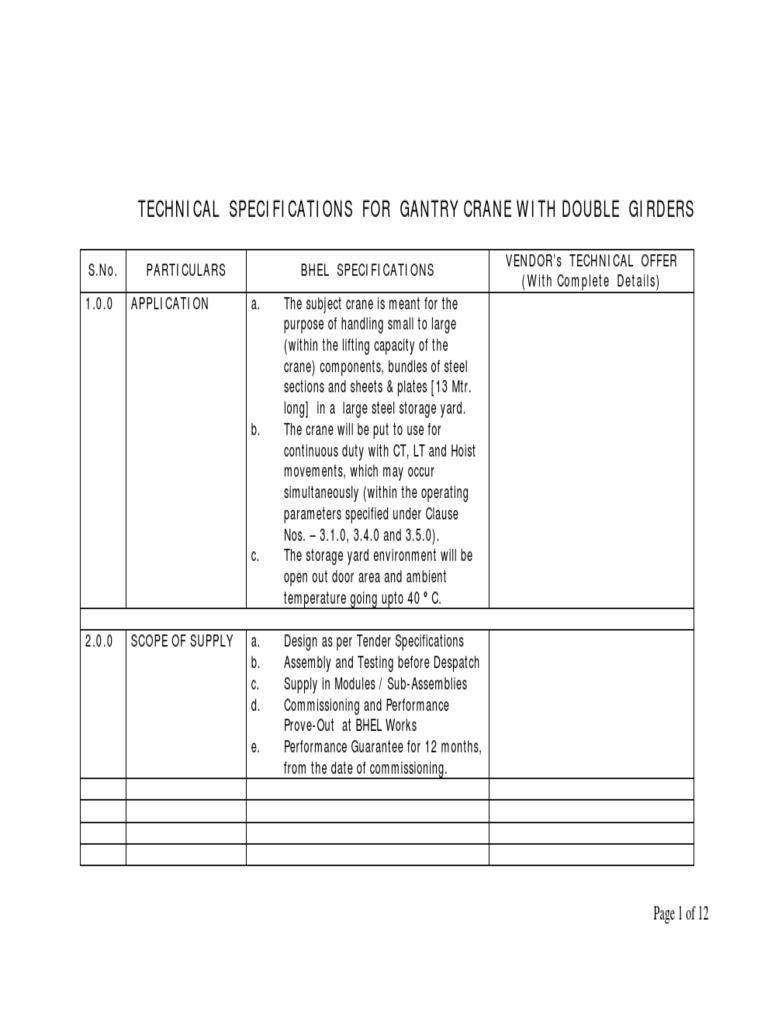 Technical Specifications For Gantry Crane With Double Girders | PDF ...