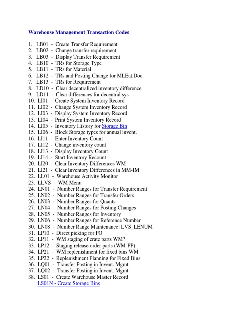 Warehouse Management Transaction Codes | PDF | Inventory | Computing