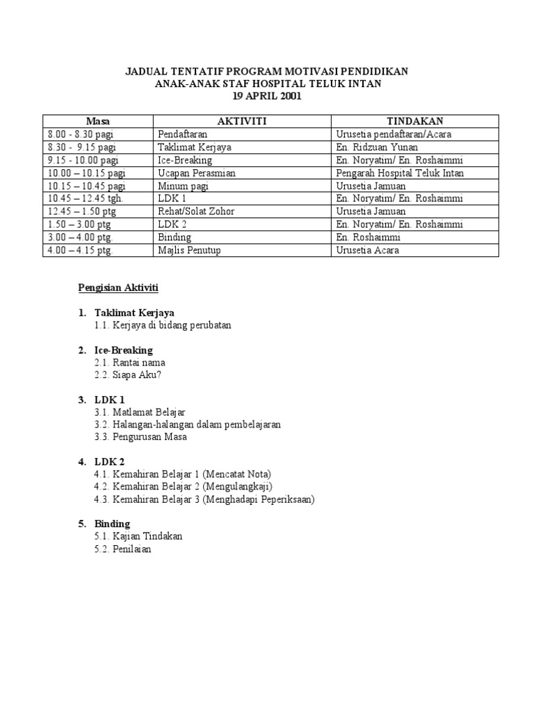 Jadual Program Motivasi Hospital | PDF