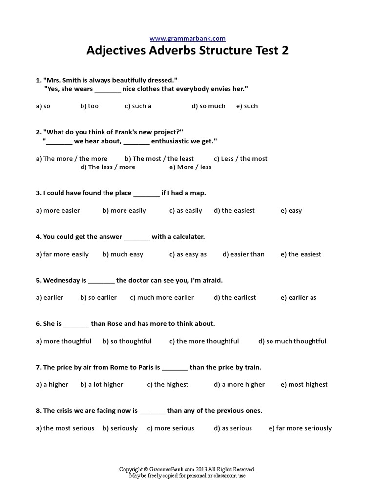 Adjectives Adverbs Structure Quiz 2 | PDF | Grammar | Syntax
