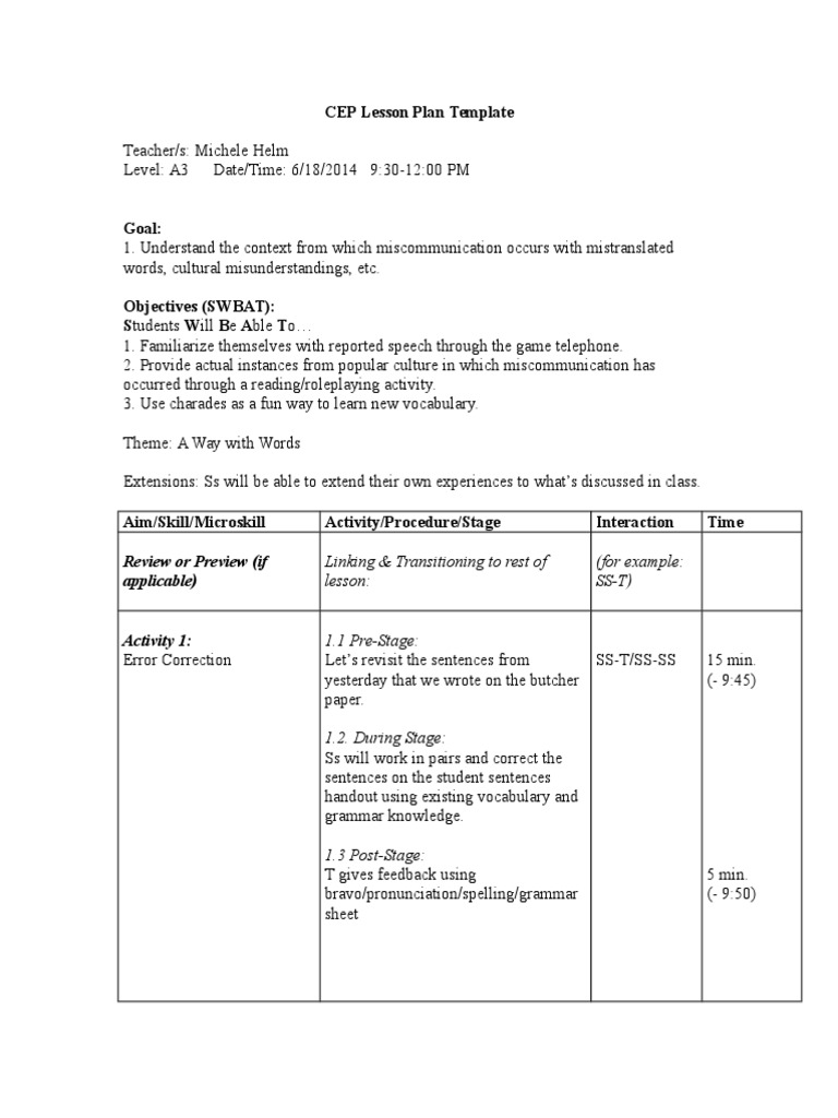 CEP Lesson Plan Template: Review or Preview (If Applicable) | PDF ...