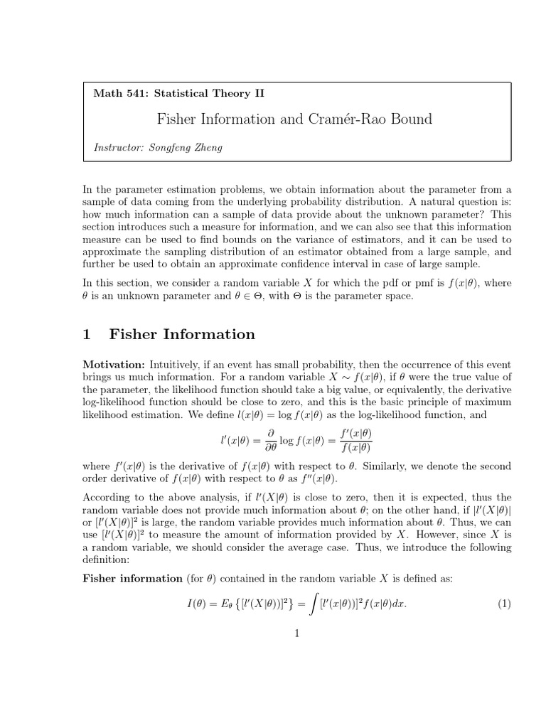 Fisher Information and Cramer-Rao Bound | PDF | Estimator | Confidence Interval