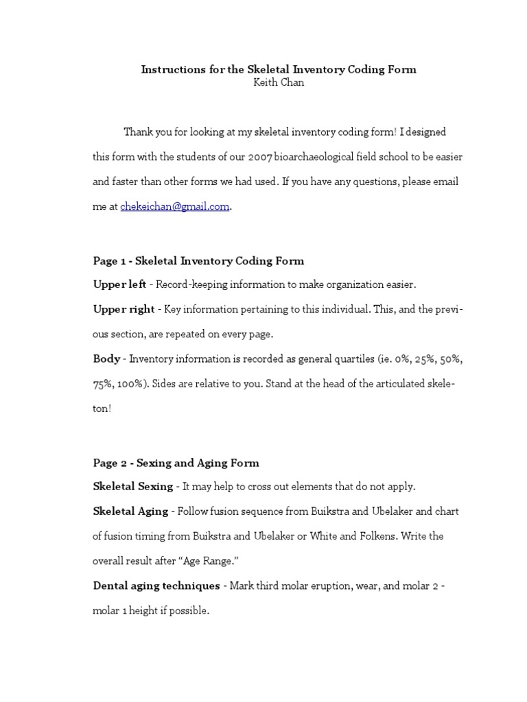 2007 Skeletal Inventory Forms (Complete) | PDF | Skeletal System ...