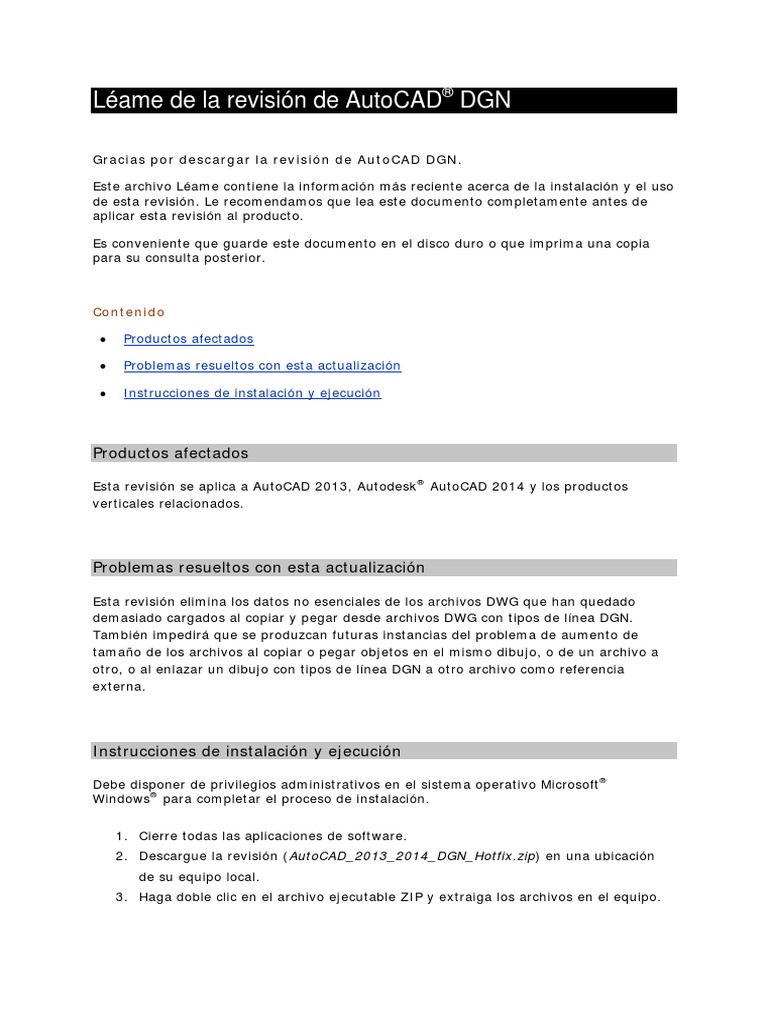 AutoCAD 2013-2014 DGN Hotfix Readme ESP | PDF | Archivo de computadora ...