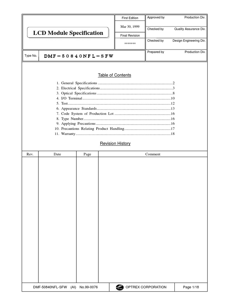 Specification Sheet for the DMF-50840NFL-SFW LCD Module | PDF | Compact ...